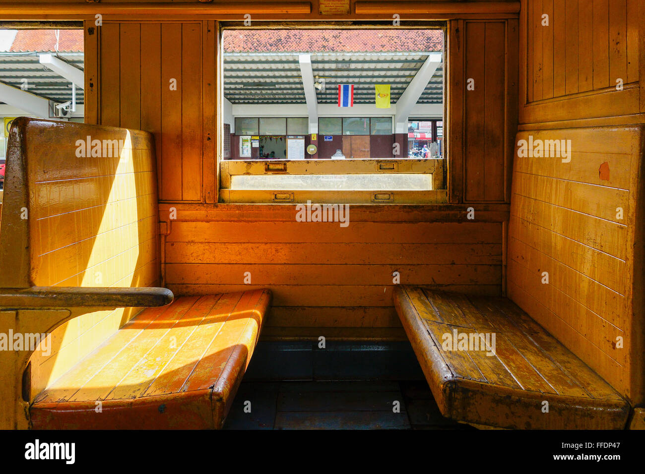 Old Train passenger carriage with wooden bench seat, Thailand ...