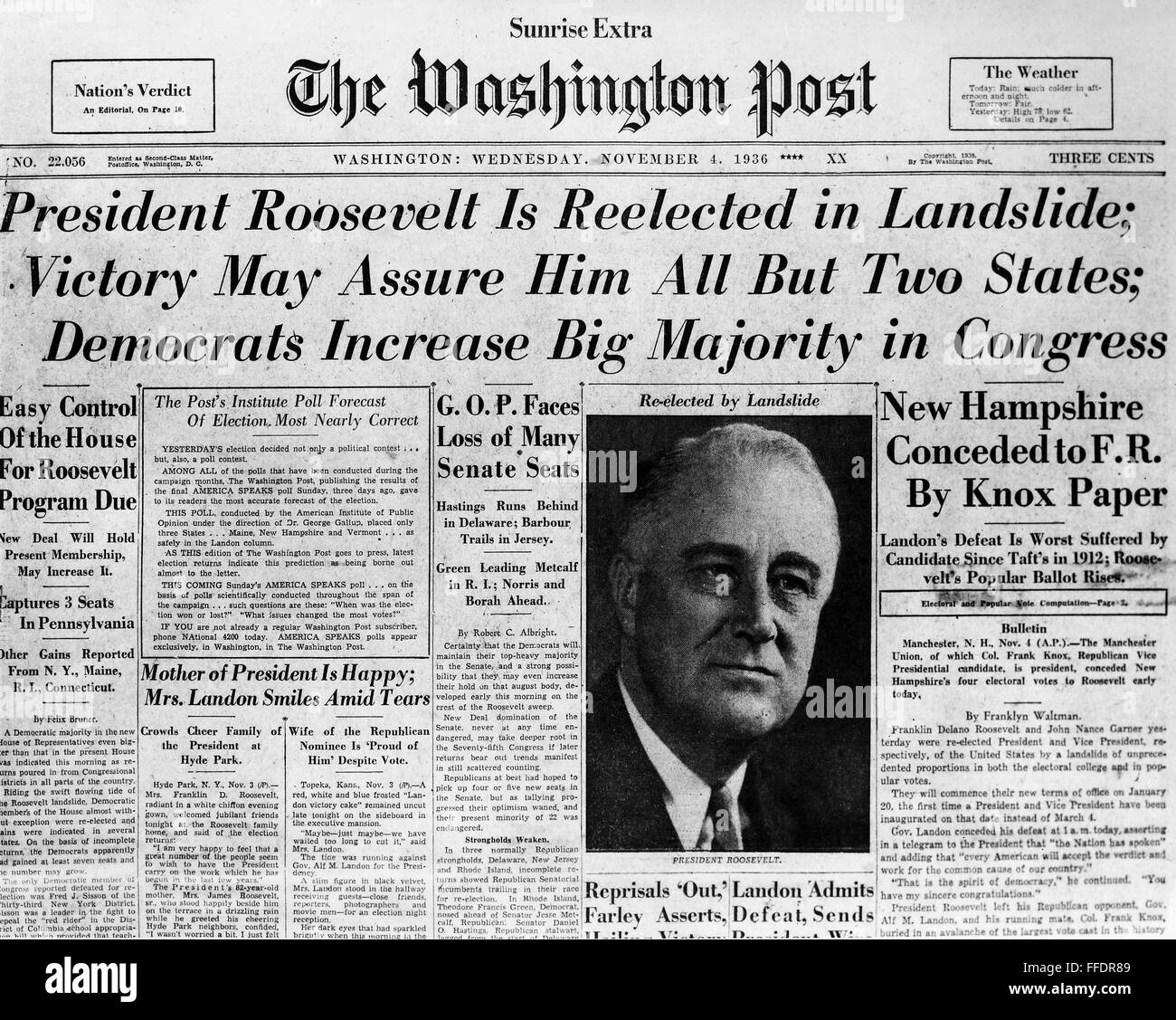 FDR: REELECTION, 1936. /nFront page of the Washington 'Post' the day ...