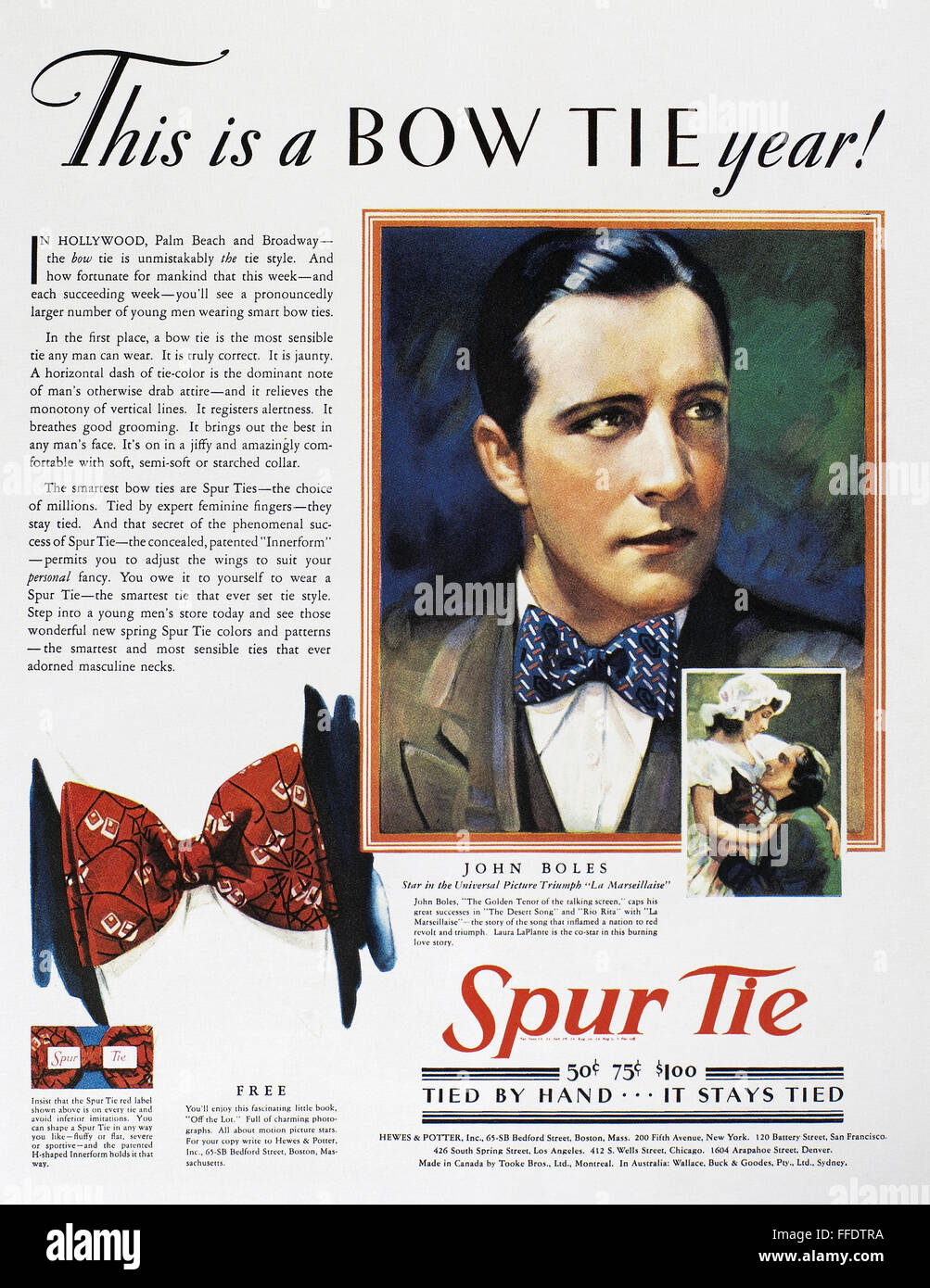 BOW TIE ADVERTISEMENT, 1930. /nAmerican advertisement for Spur Ties ...