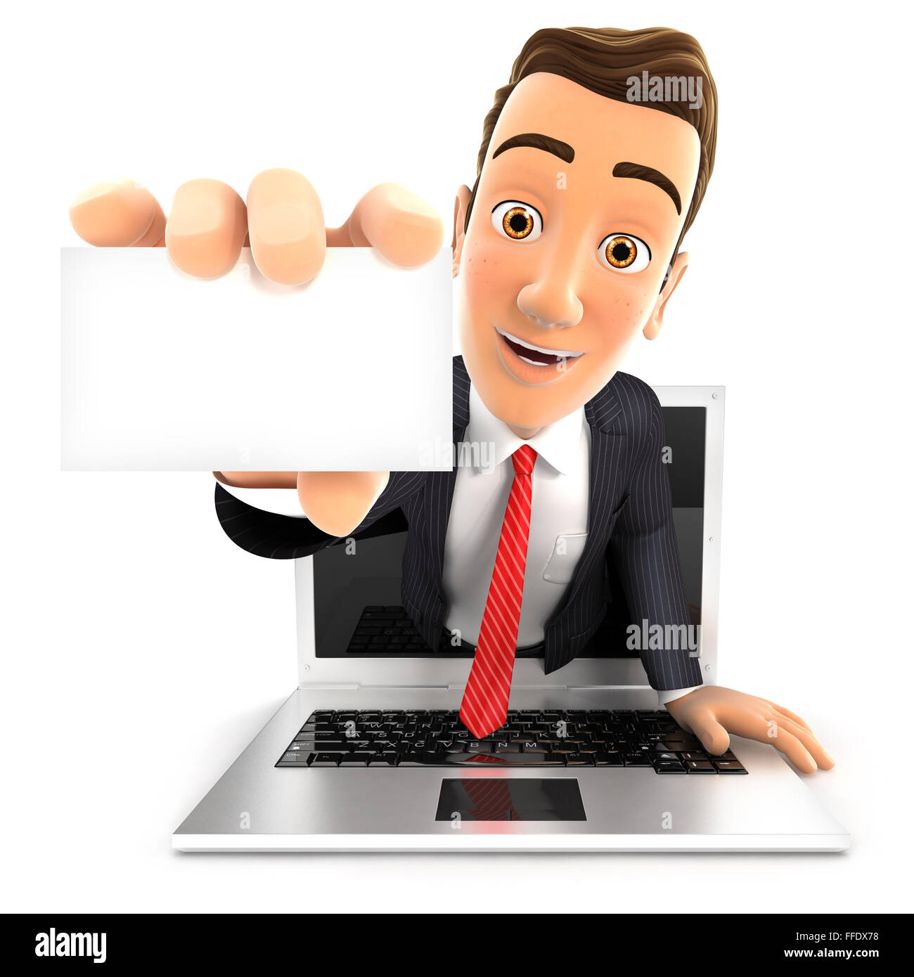 3d businessman coming out of laptop with a business card, isolated ...