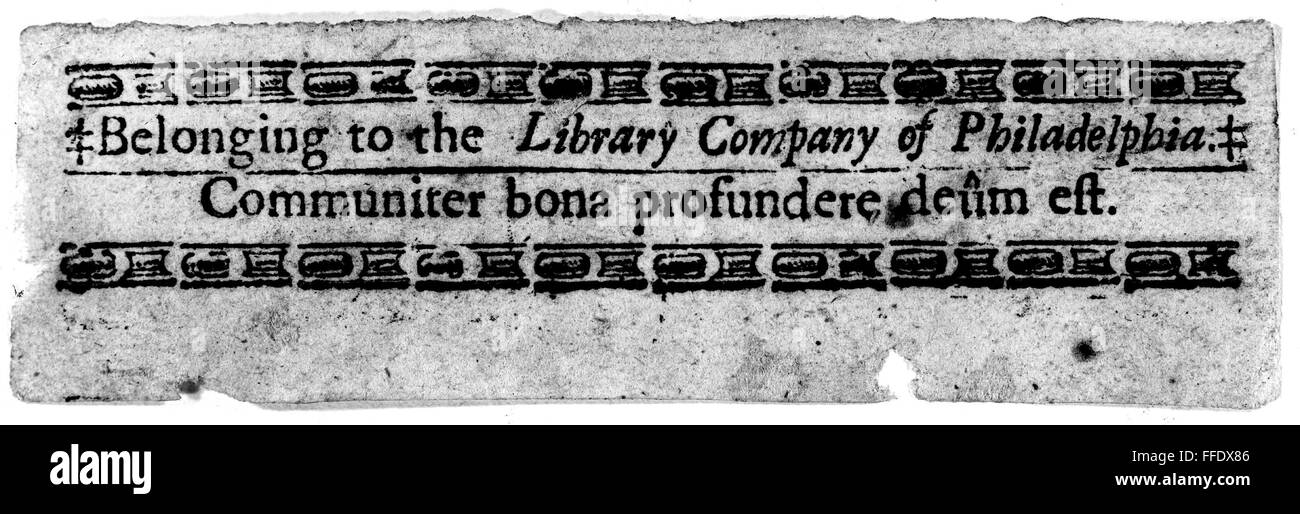 PHILADELPHIA: LIBRARY PLATE. /nBookplate, printed by Benjamin Franklin ...