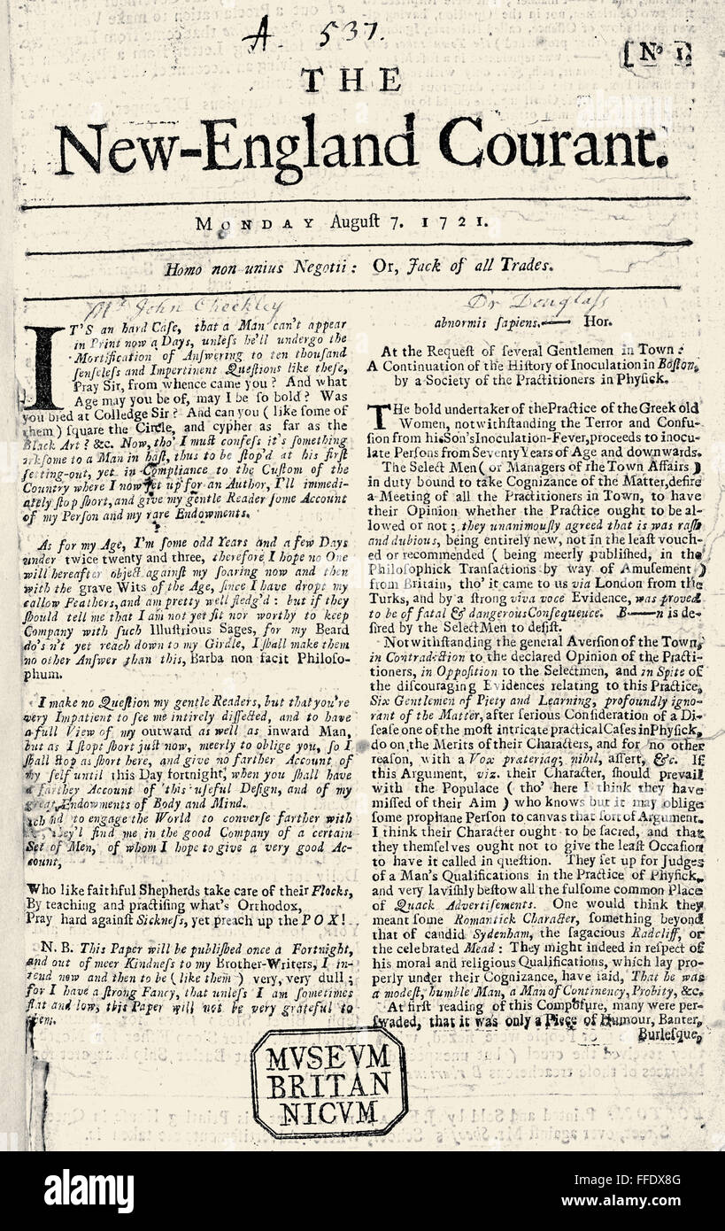 NEW ENGLAND COURANT, 1721. /nAn early issue of The New England Courant ...