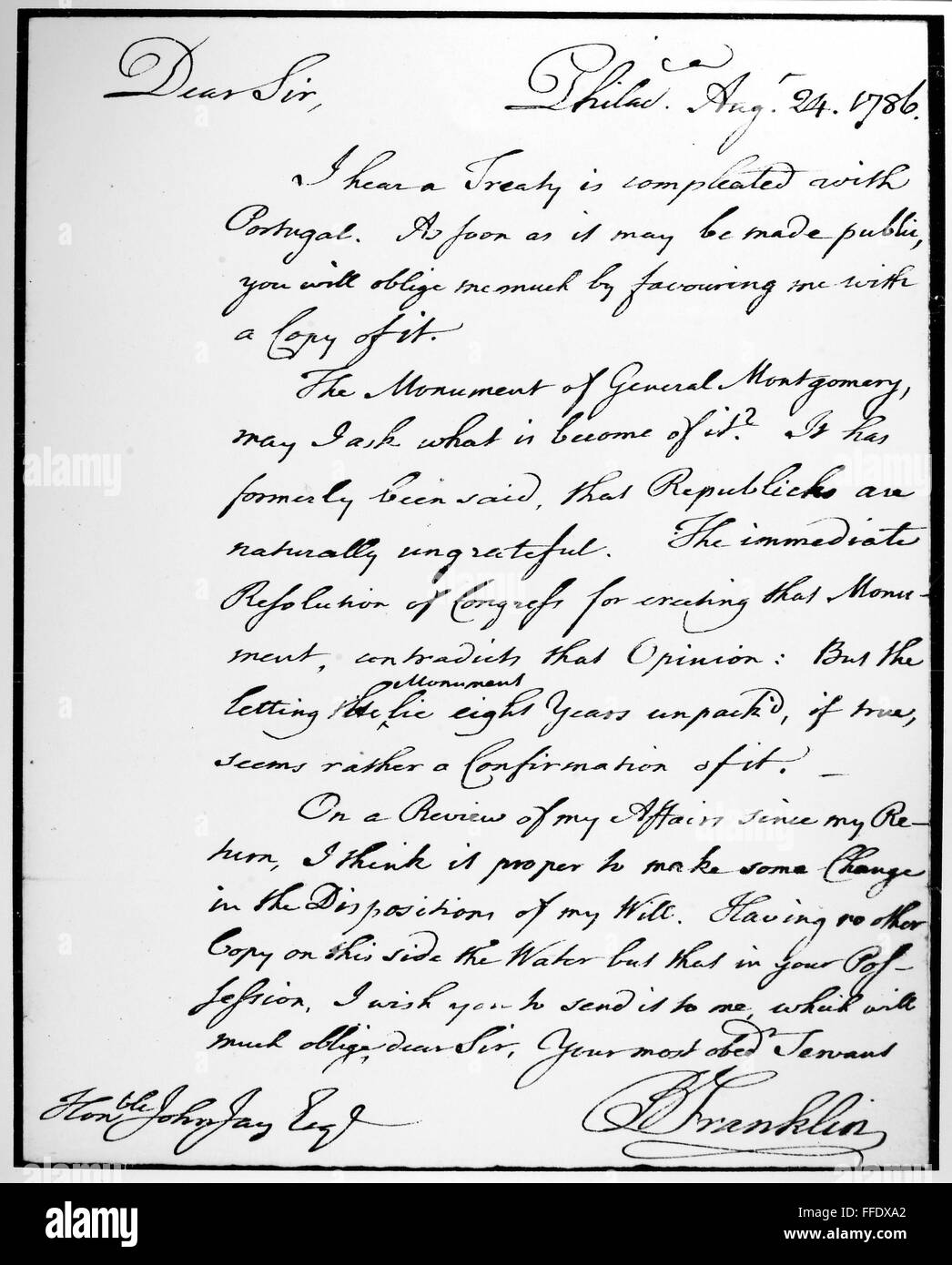 FRANKLIN: LETTER, 1786. /nLetter from Benjamin Franklin to John Jay, 24 ...