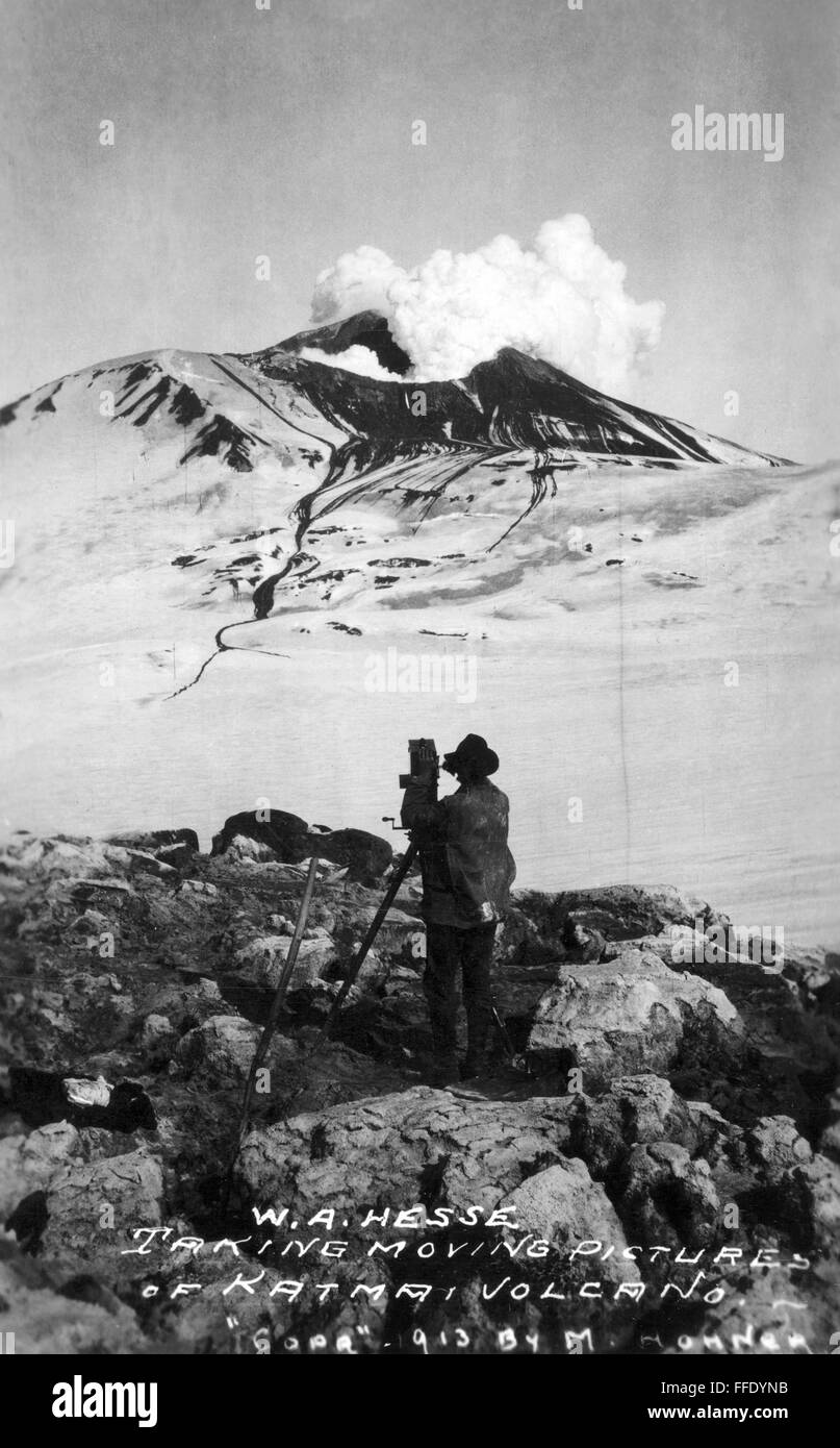 ALASKA: KATMAI VOLCANO. /nW.A. Hesse filming a Katmai Volcano eruption ...