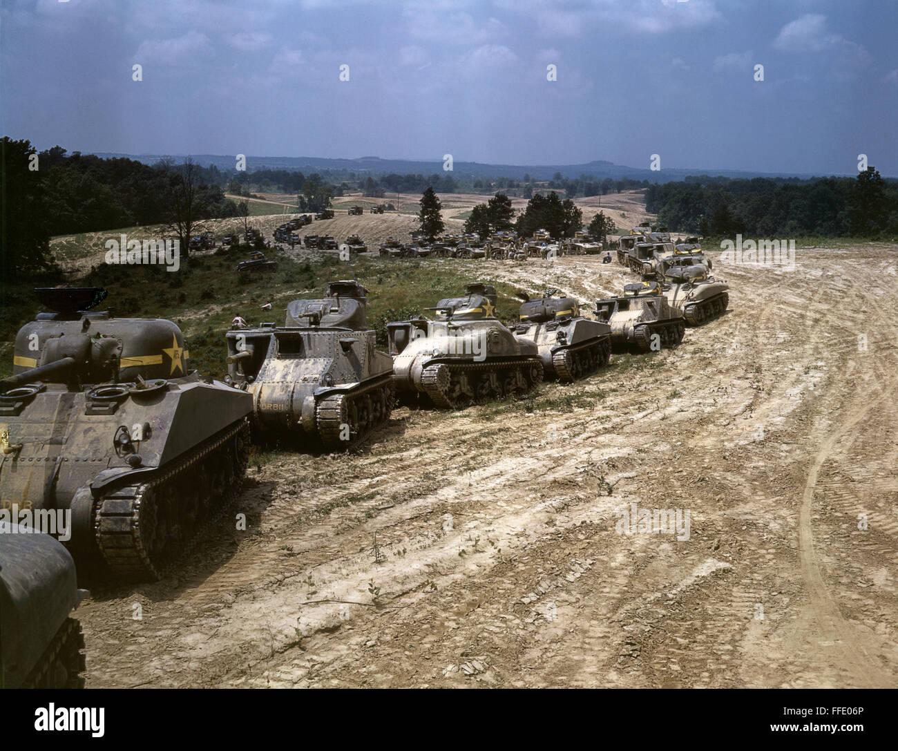 TANK MANEUVERS, 1942. /nParade of M-4 'Sherman' and M-3 'Grant' tanks ...