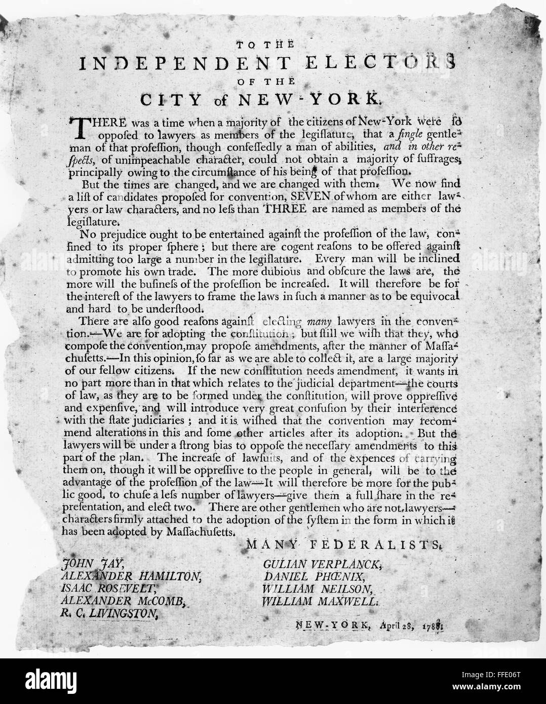 PRESIDENTIAL ELECTION, 1788. /nBroadside issued by Alexander Hamilton ...