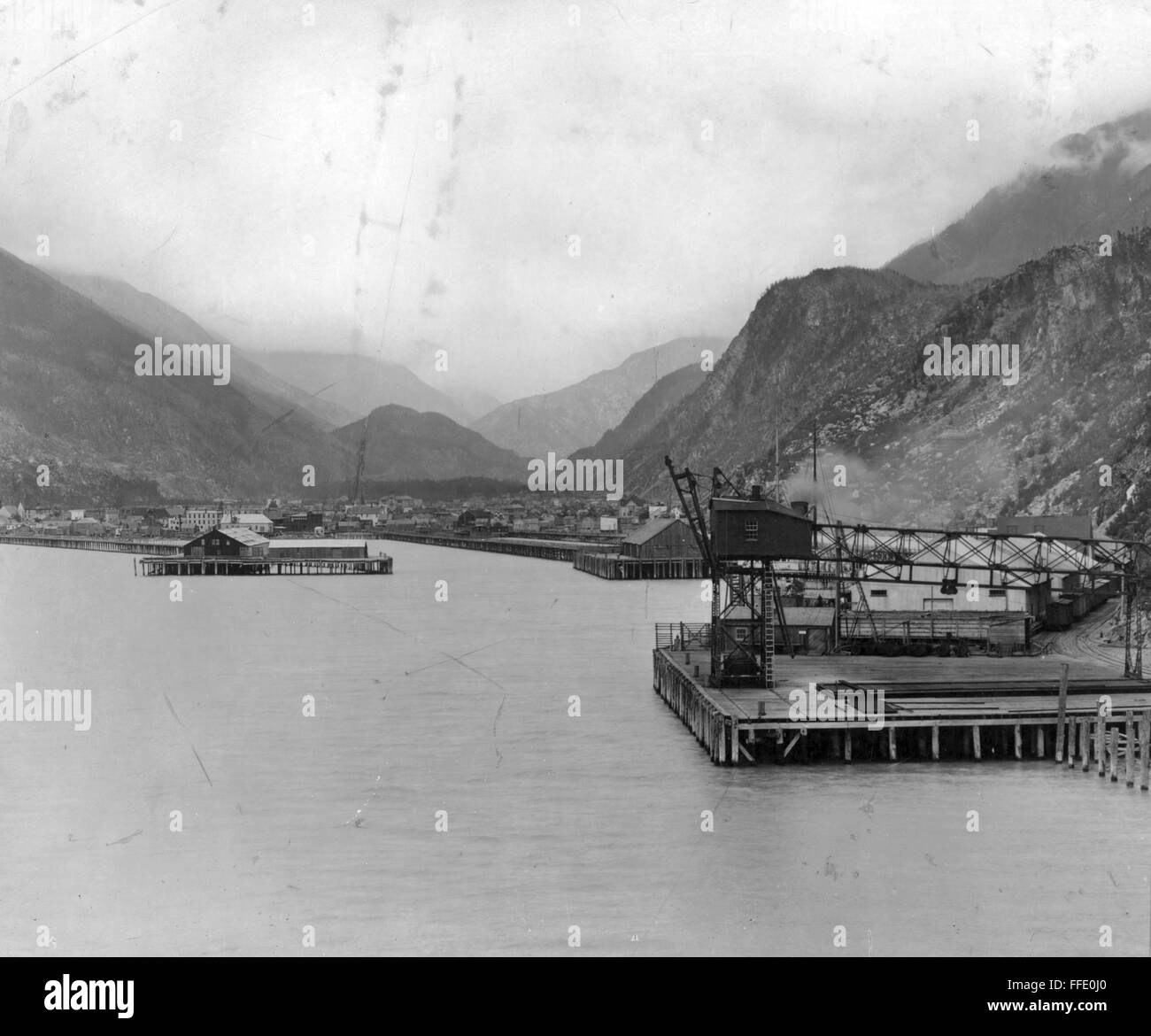 ALASKA: SKAGWAY PIERS. /nView of the railroad tracks and pier on the ...