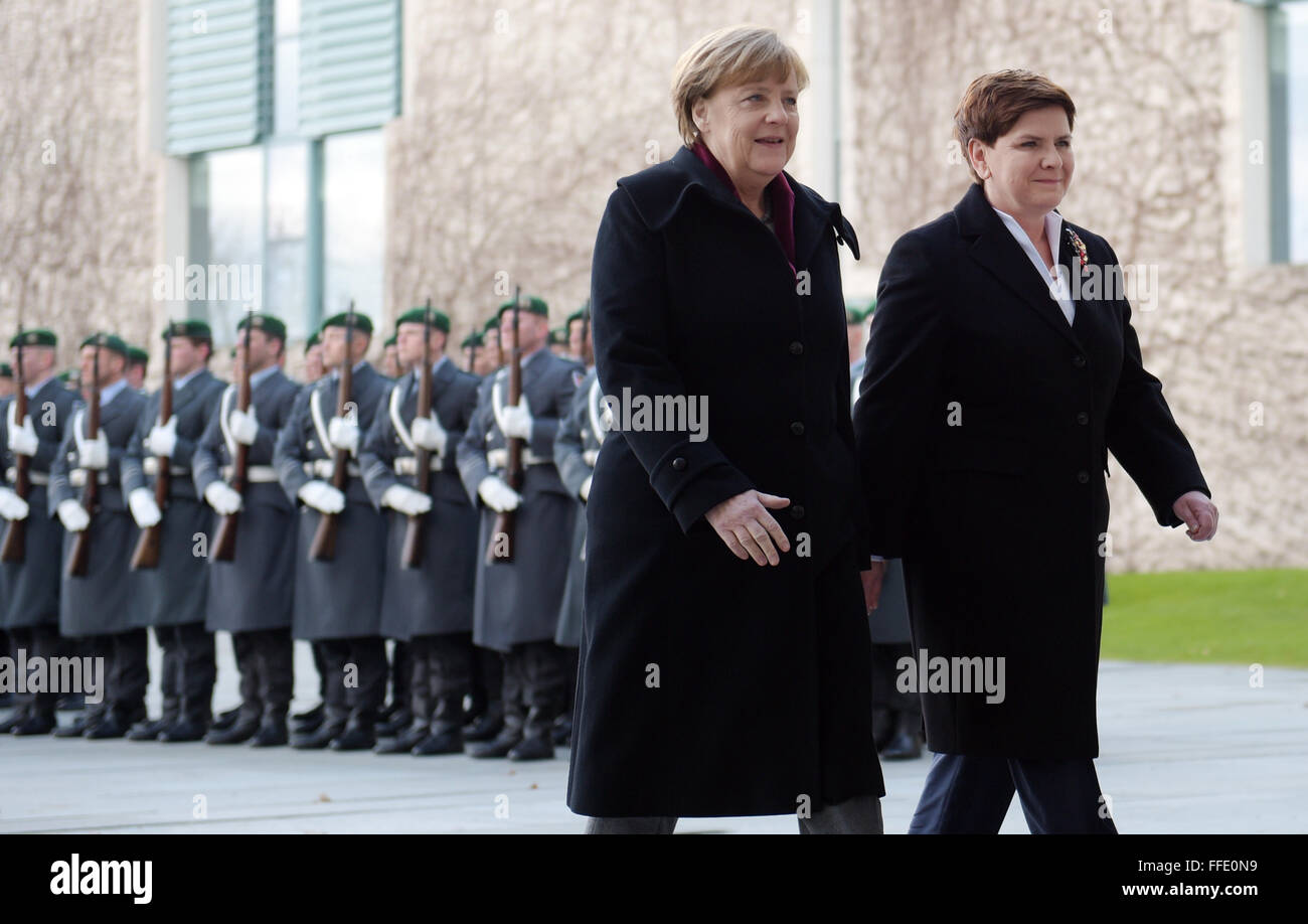 Berlin, Germany. 12th Feb, 2016. German Chancellor Angela Merkel (front ...