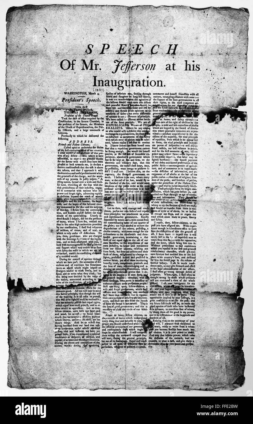 JEFFERSON: INAUGURATION. /nBroadside of the inaugural speech made by ...