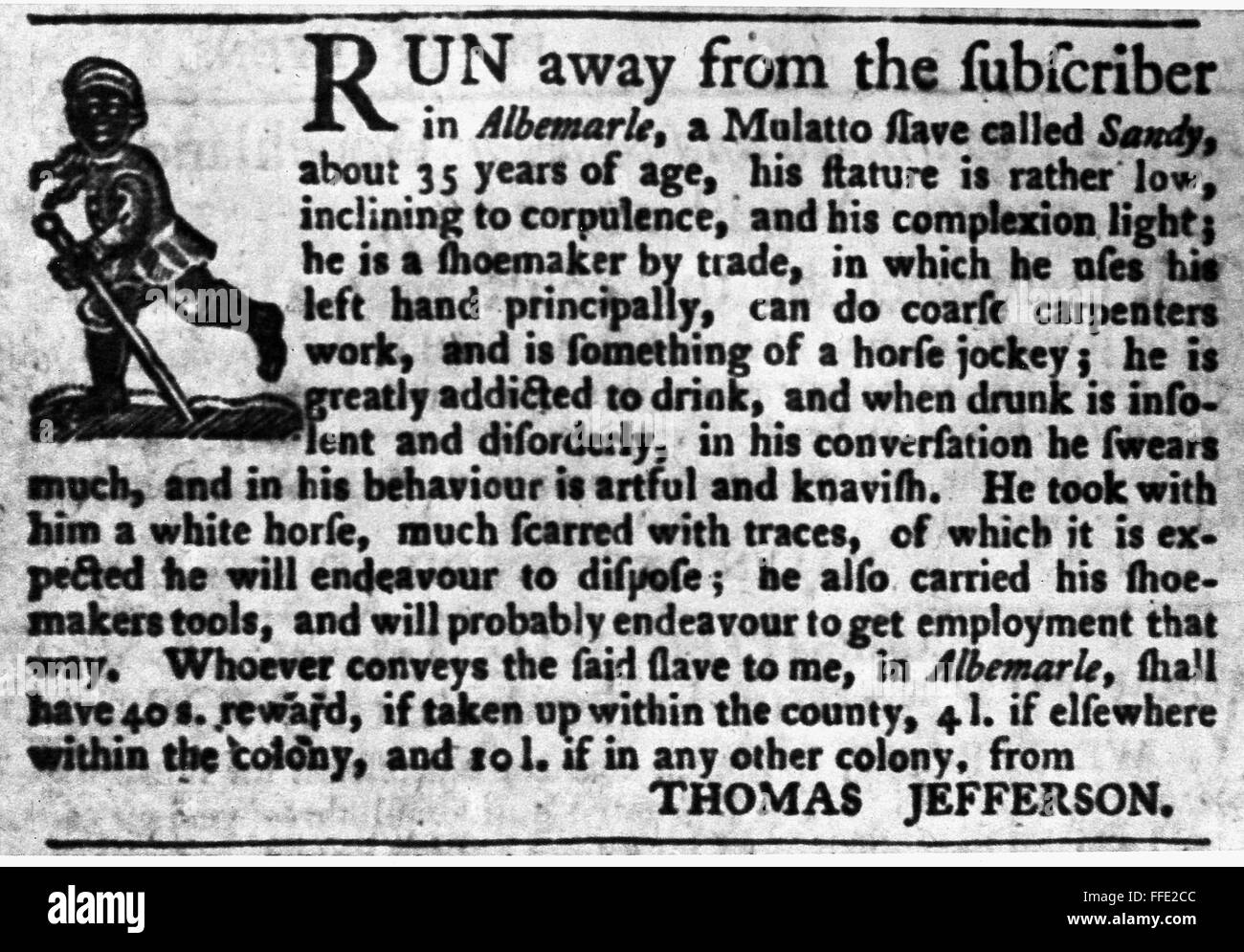 JEFFERSON: RUNAWAY SLAVE. /nAnnouncement issued by Thomas Jefferson for ...