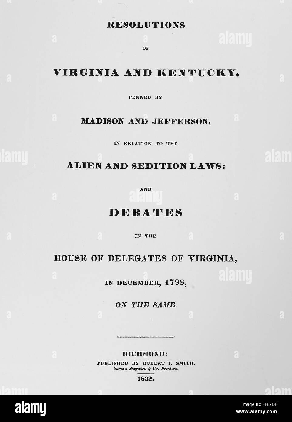 ALIEN & SEDITION ACTS, 1798. /nTitle page of the Kentucky and Virginia ...
