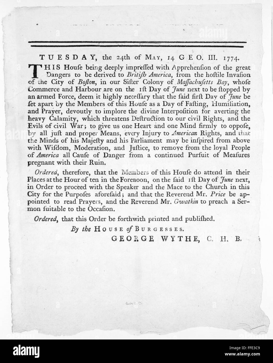 WYTHE: BROADSIDE, 1774. /nBroadside issued by George Wythe of the House ...