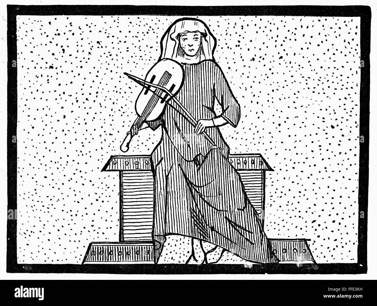 MEDIEVAL VIELLE PLAYER. /nWoman playing a vielle. Line engraving after ...