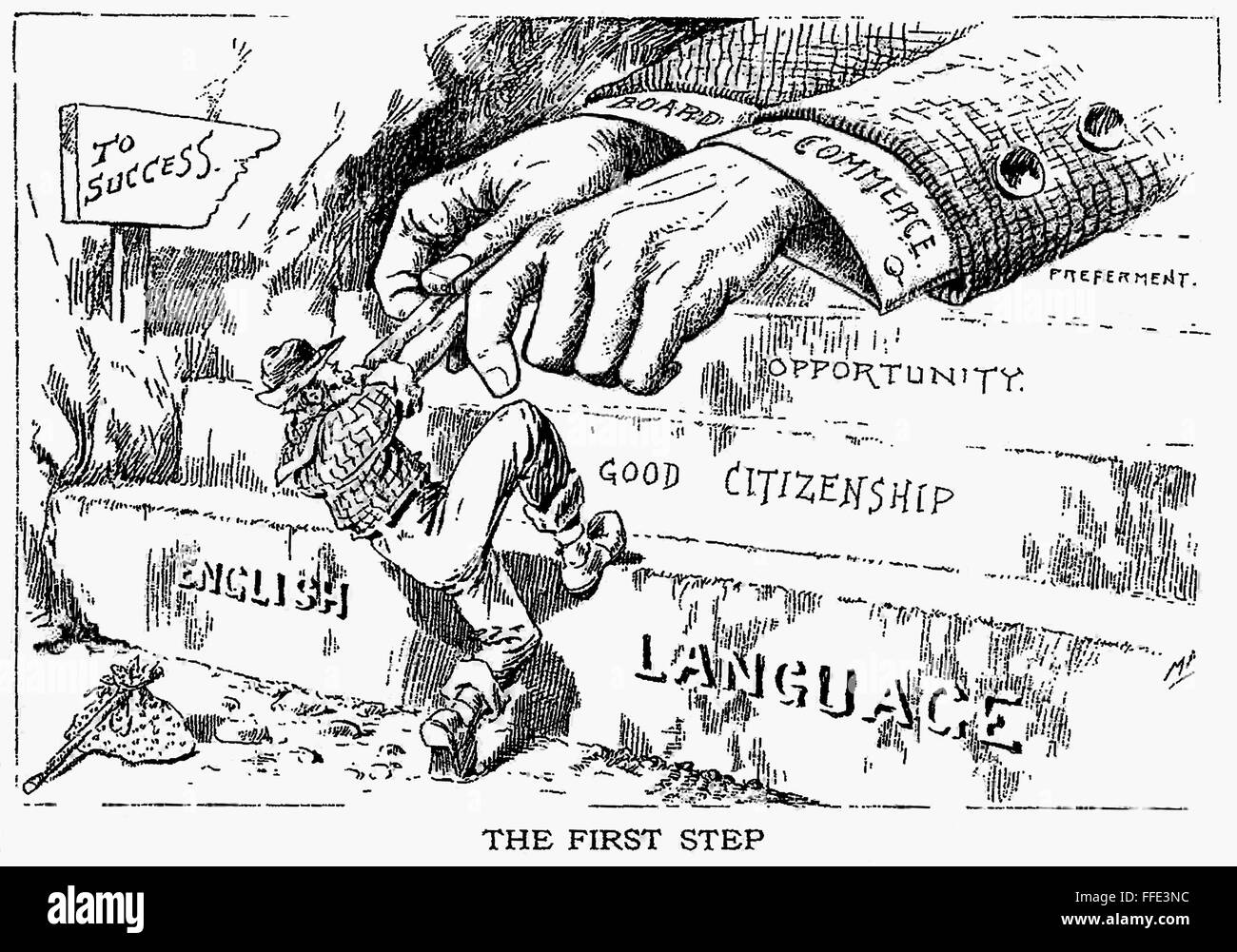IMMIGRATION CARTOON, 1916. /n'The First Step.' Cartoon from an American ...