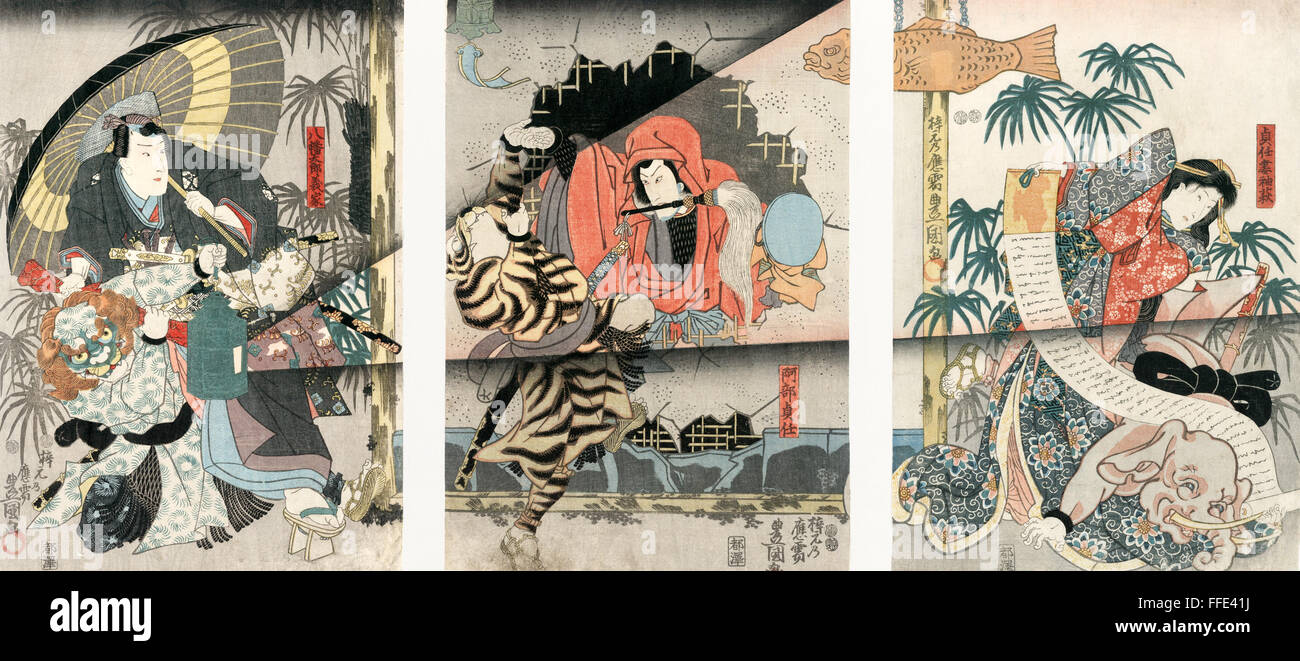 KABUKI PLAY, 1847. /nTriptych showing a night scene lit by a lantern ...