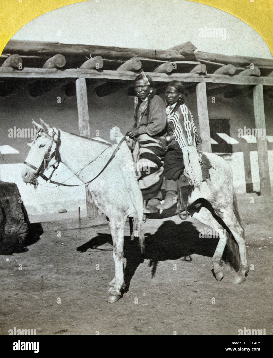 APACHE COUPLE, c1873. /nAn Apache man and woman on horseback in Arizona ...