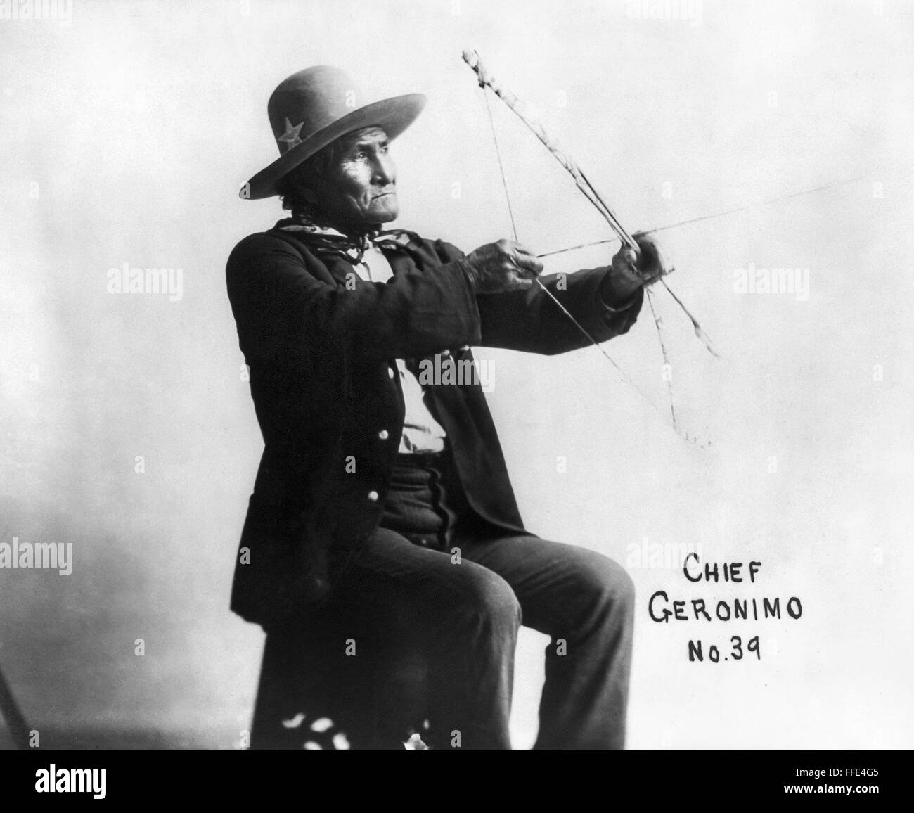 GERONIMO (1829-1909). /nAmerican Apache leader. Photographed with drawn ...