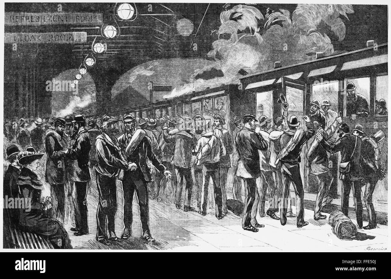 AUSTRALIA: GOLD RUSH, 1880. /nMen at Sydney Railway Station boarding a ...