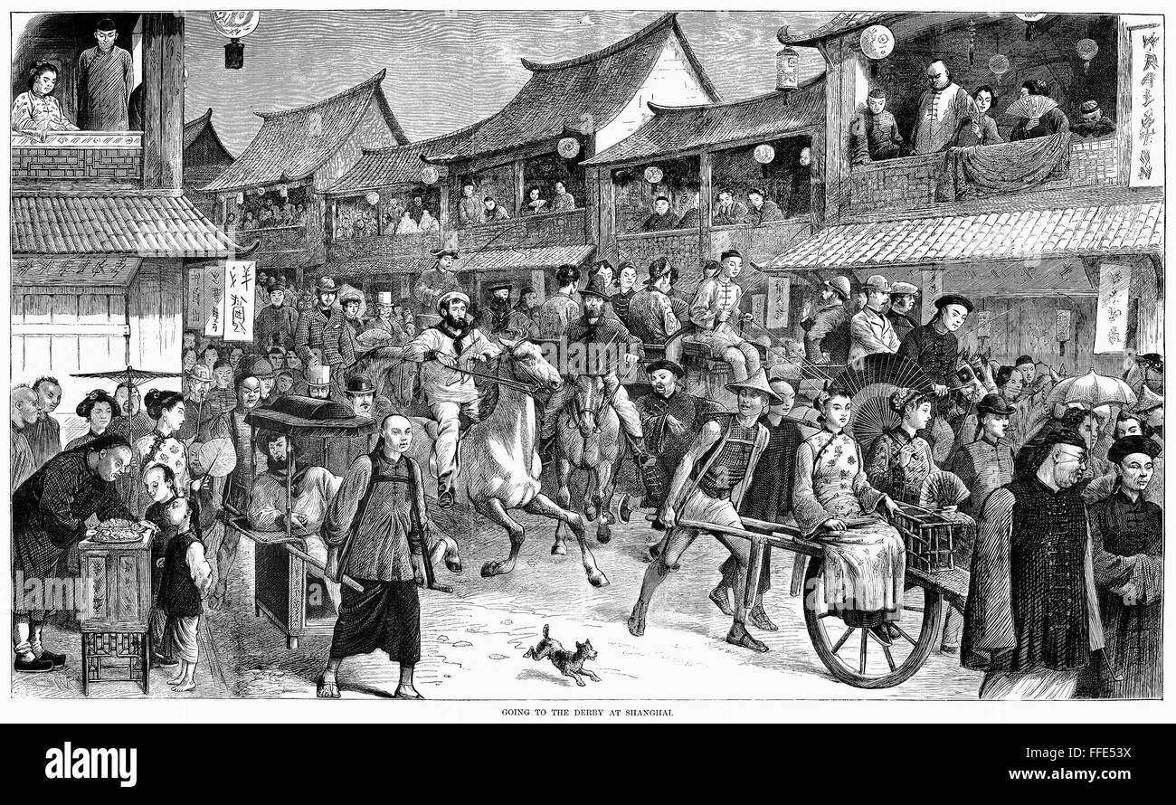 CHINA: SHANGHAI, 1879. /nCrowd of people on foot, in carriages and ...