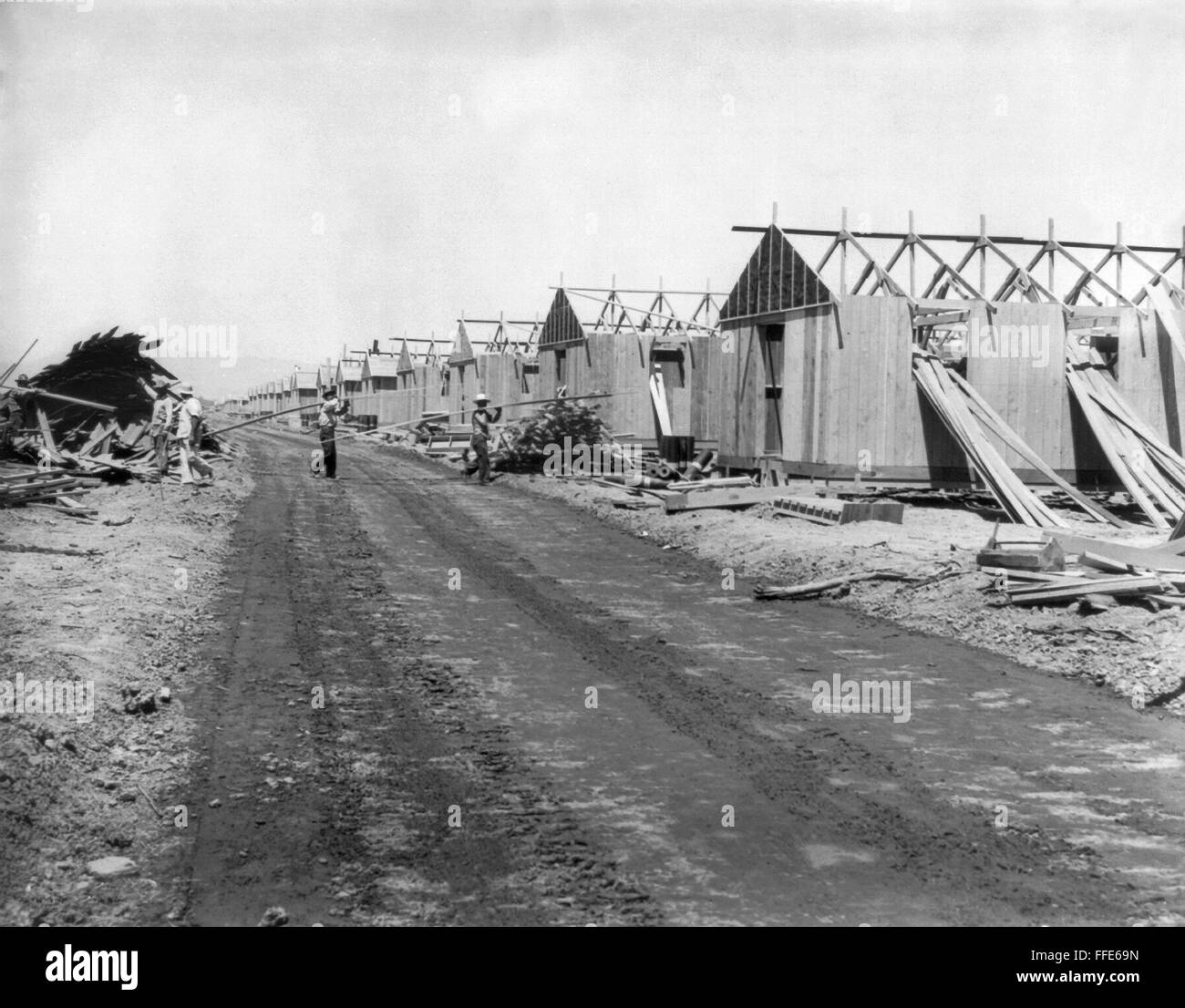 INTERNMENT CAMP, 1942. /nConstruction of barracks at an internment camp ...