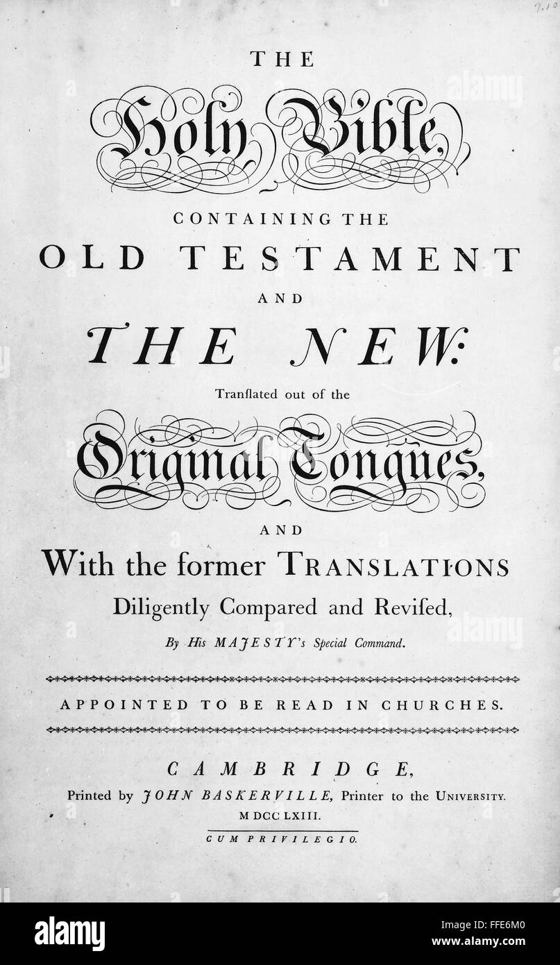 CAMBRIDGE BIBLE, 1763. /nFront page of John Baskerville's Bible ...