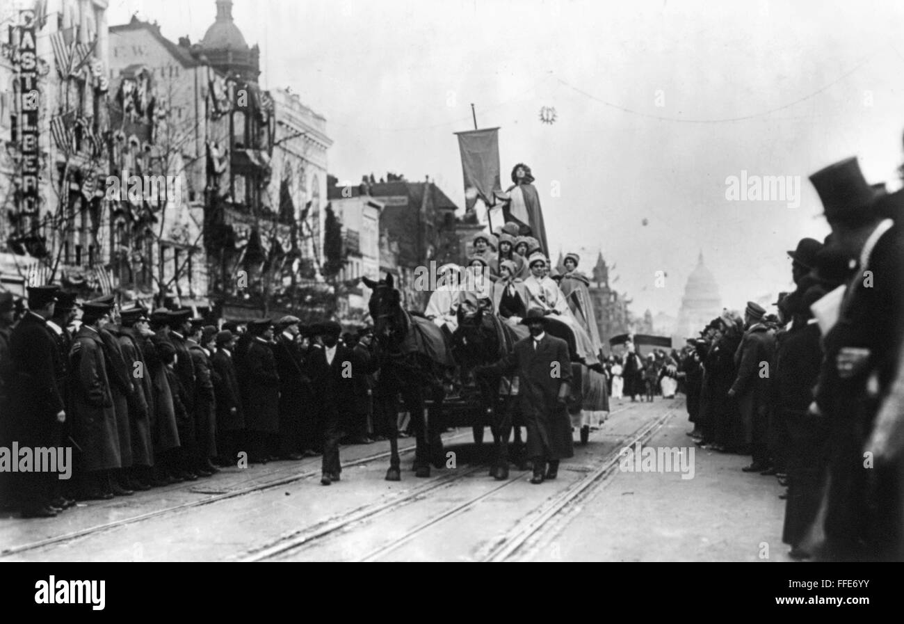 SUFFRAGE PARADE, 1913. /nHorse drawn float at the women's suffrage ...