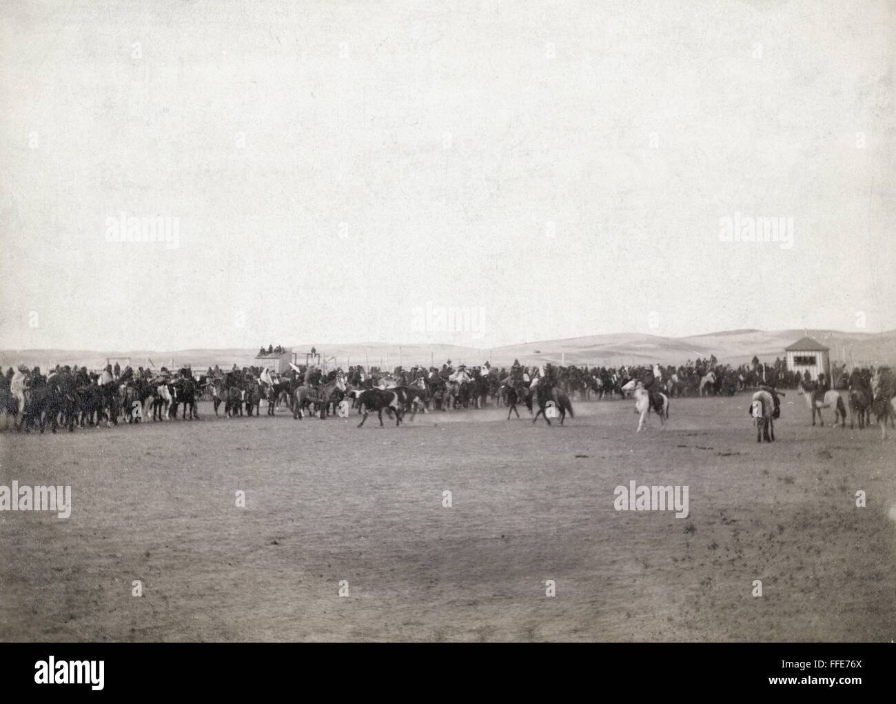 PINE RIDGE: CATTLE, 1891. /nA long row of Lakota Sioux men preparing to ...