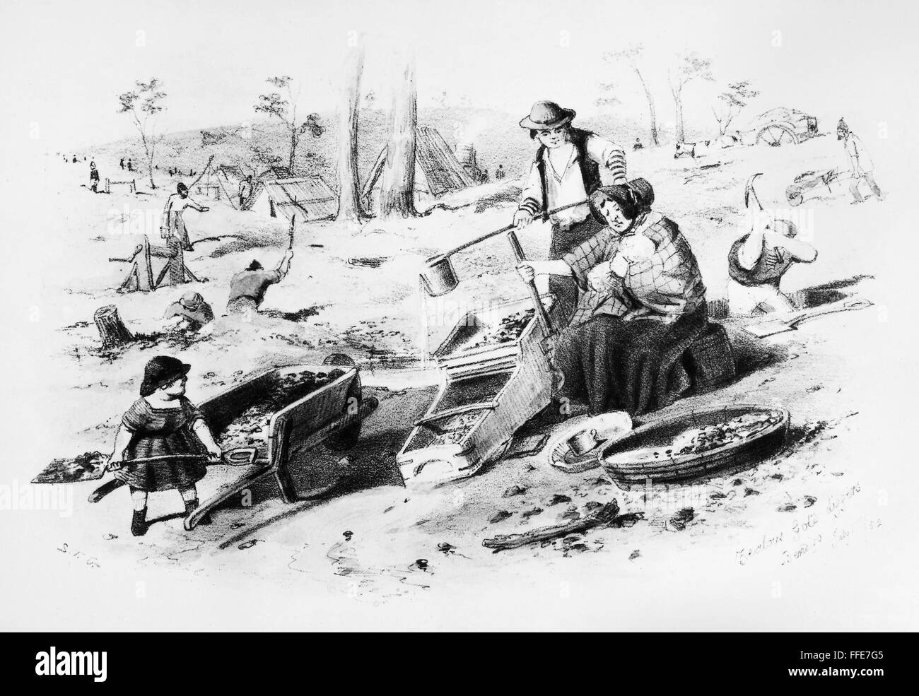 AUSTRALIA: GOLD RUSH, 1852. /n'Zealous Gold Diggers.' A family washing ...