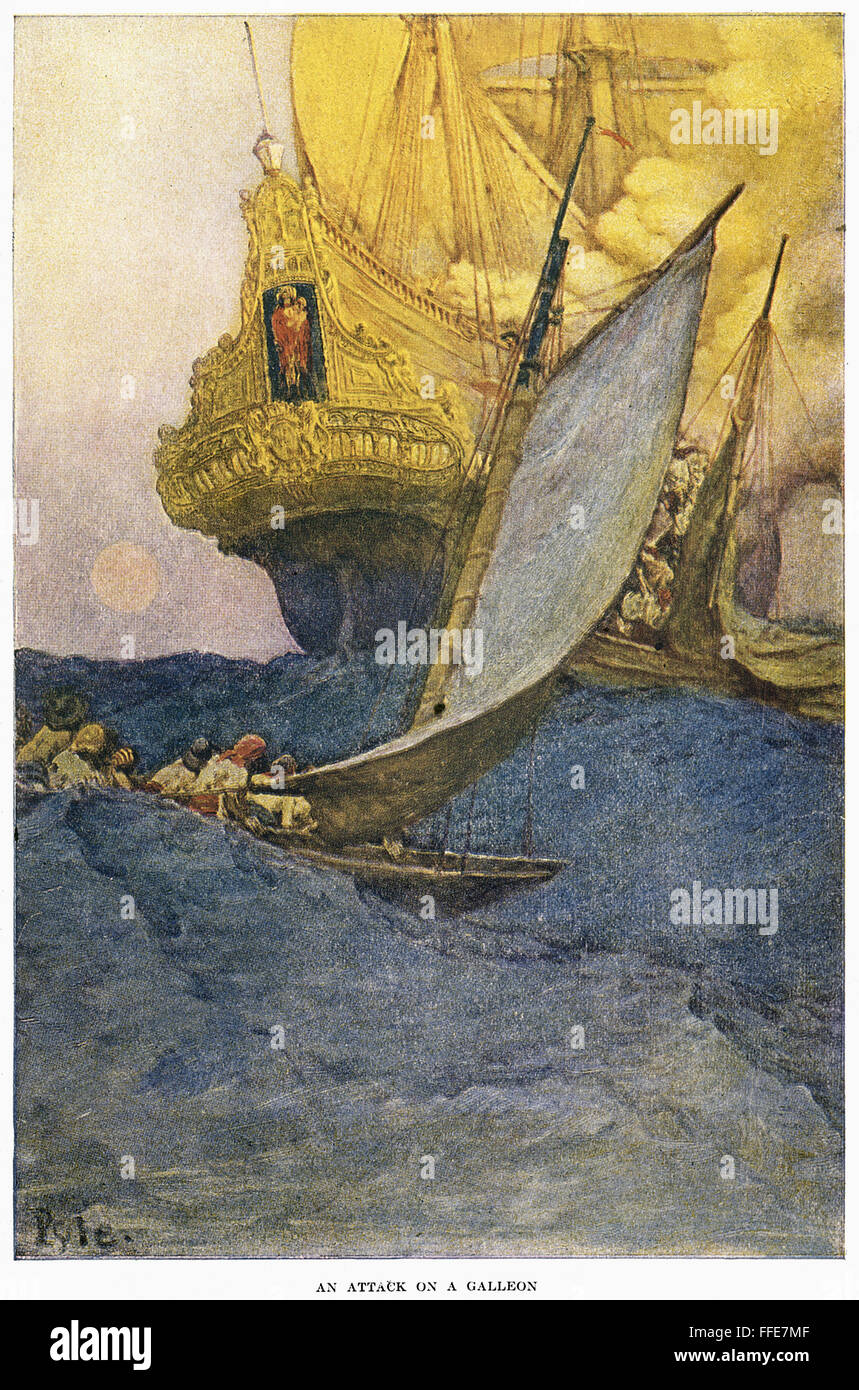 HOWARD PYLE: PIRATES. /n'An Attack on a Galleon.' Frontispiece from ...