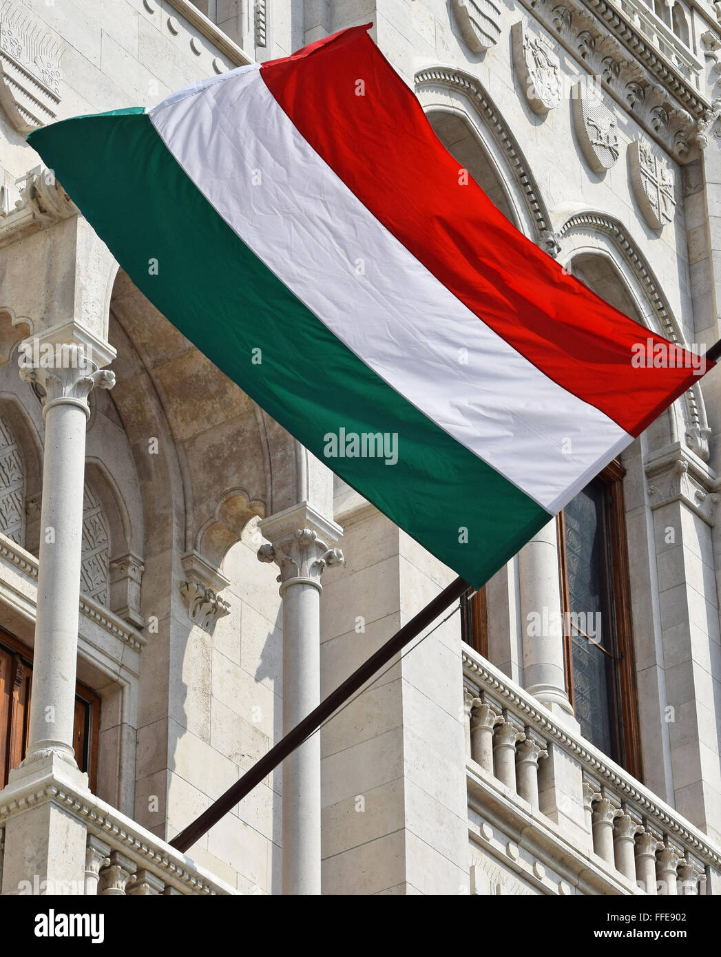 Hungarian flag on the wall of the parliament building, Budapest Stock ...