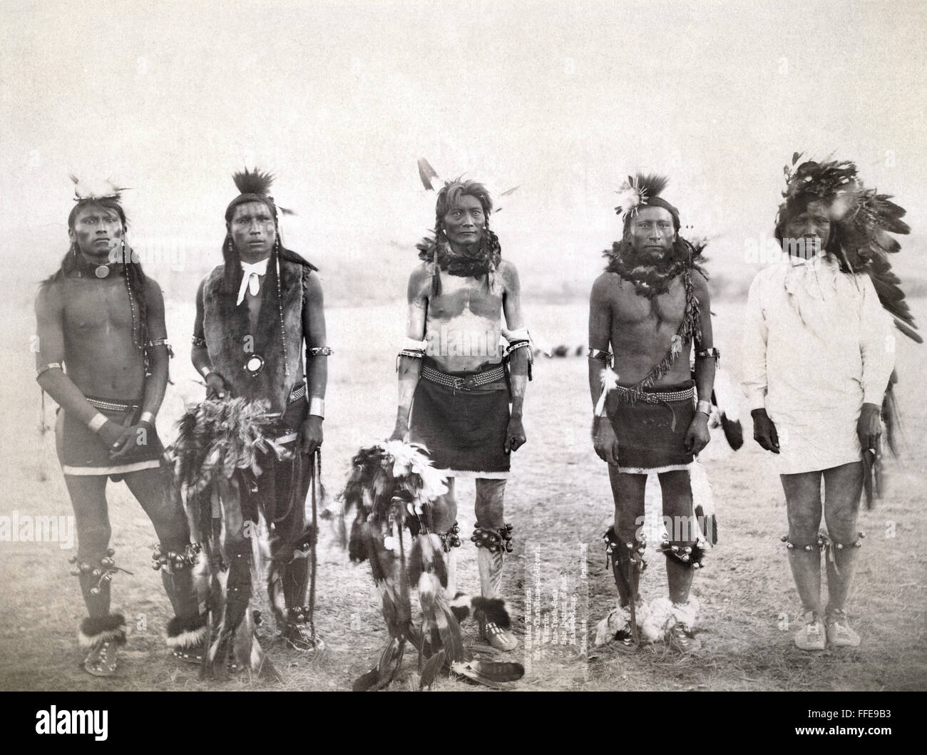 SIOUX DANCERS, 1890. /nFive grass dancers in ceremonial clothing, probably participants in a ...