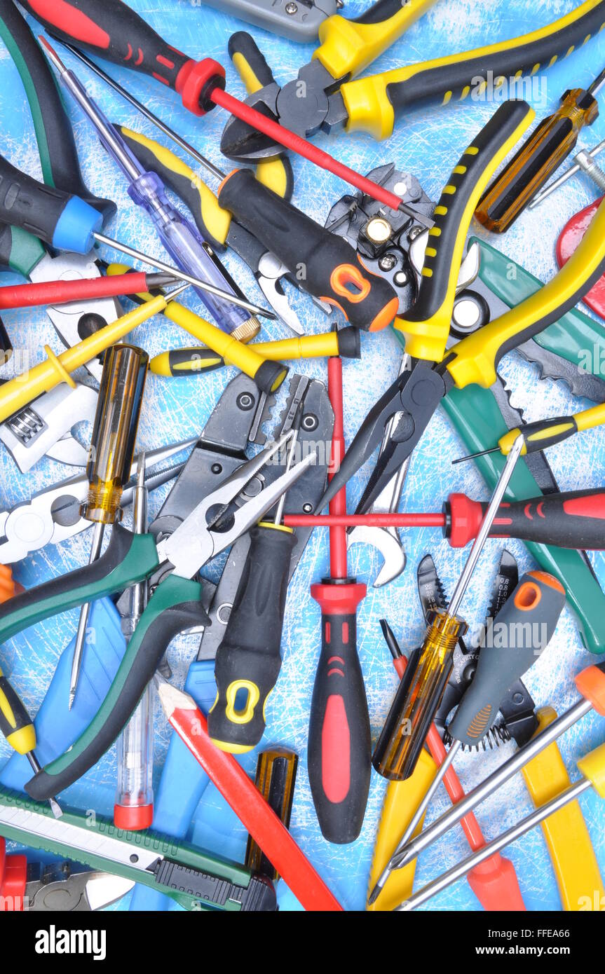 Set of electrical tool for use in electrical installations top view ...