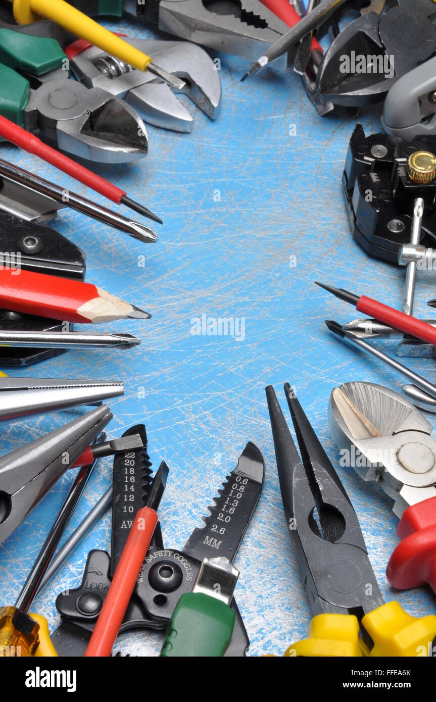 Set of electrical tool for use in electrical installations on blue ...