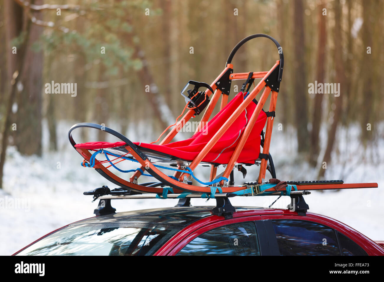 Sledges for dog sleds on a roof of car in forest Stock Photo - Alamy