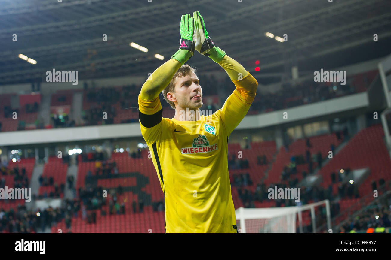 Bremen's goalkeeper Felix Wiedwald thanks the fans after the DFB Cup ...