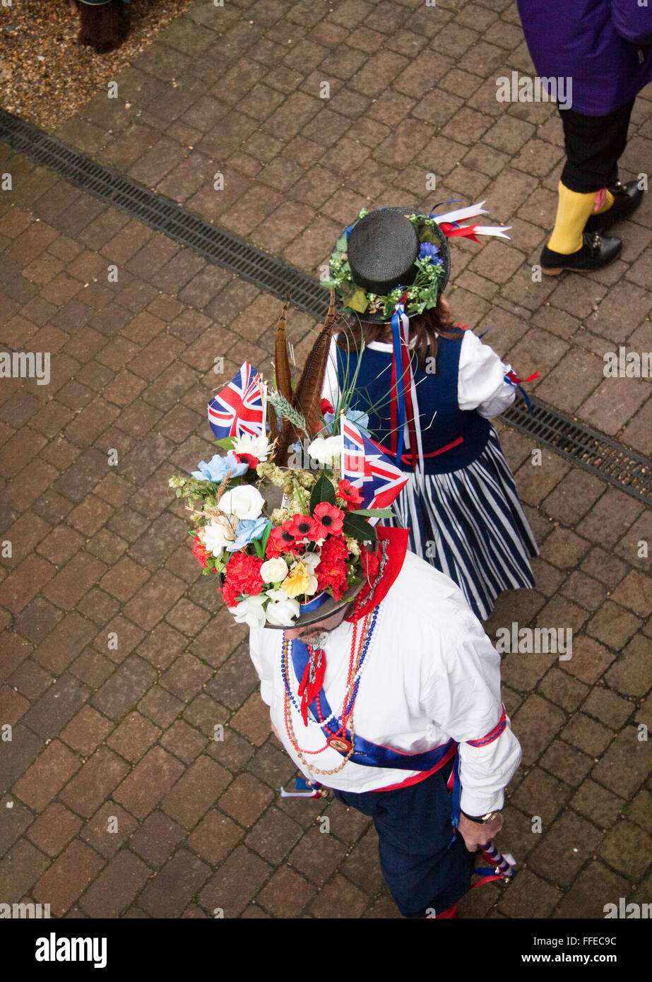 Elaborate floral and feather decorations on morris dancers' hats Stock ...