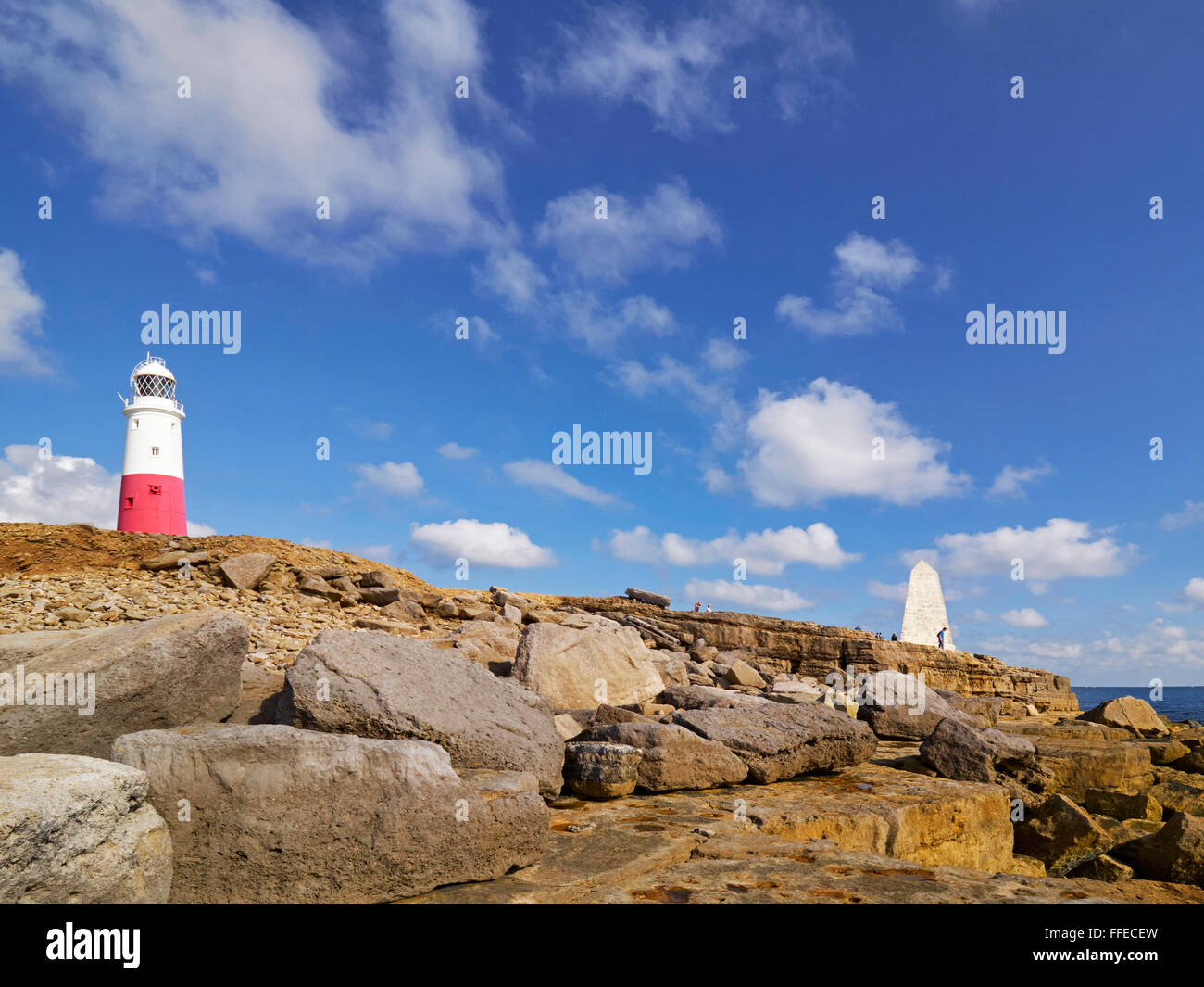 Dorset Portland Bill lighthouse sea and Trinity House Obelisk Stock ...