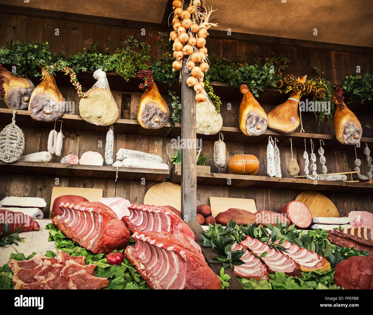 Various meat products at the food market. Food theme. Marketplace Stock ...