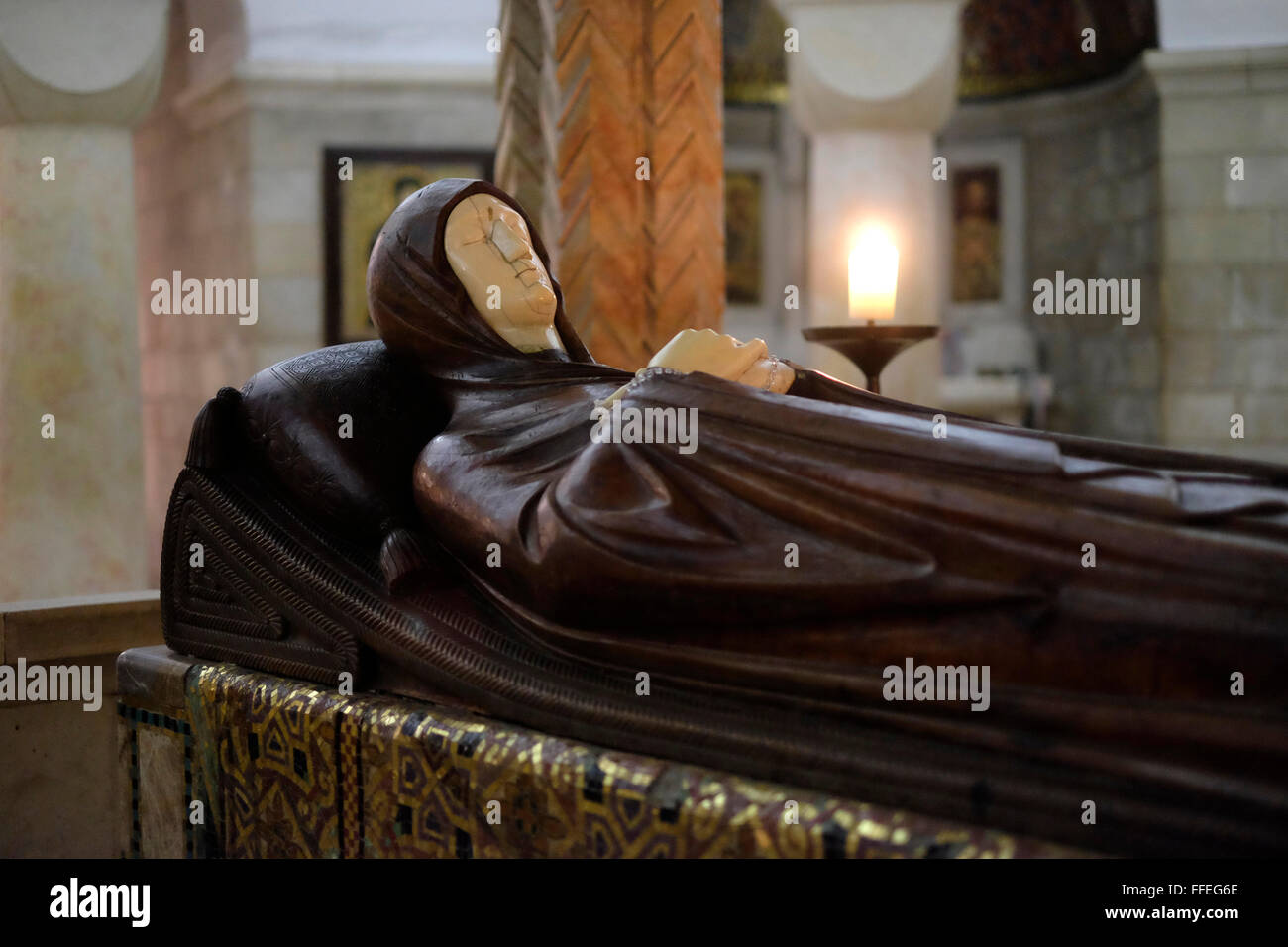 Effigy of Virgin Mary asleep on her deathbed made of cherry wood and ...