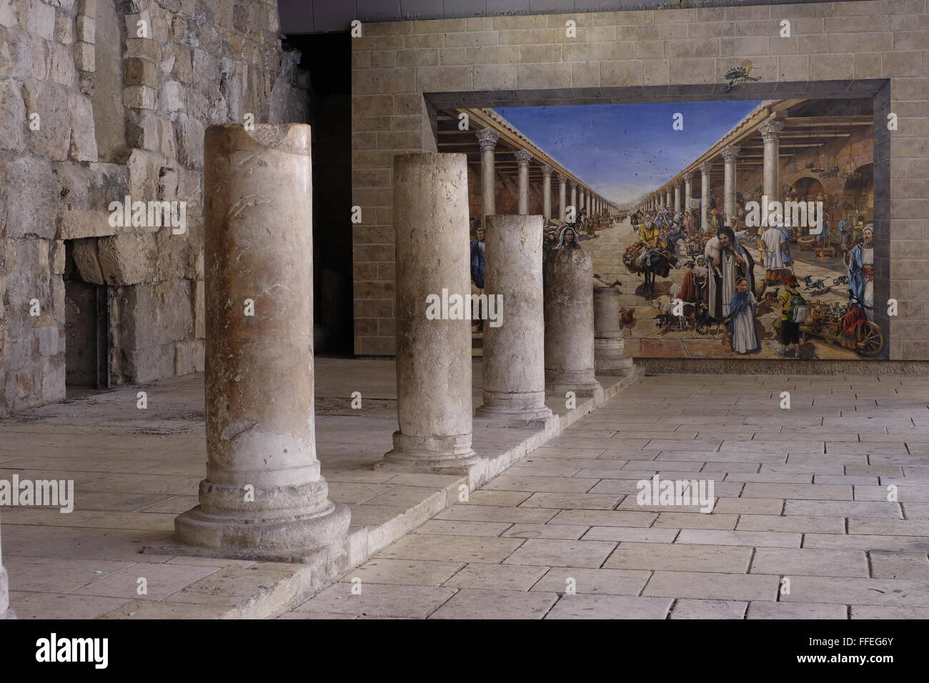 Mural painting depicting life in the Roman period stands at the ...