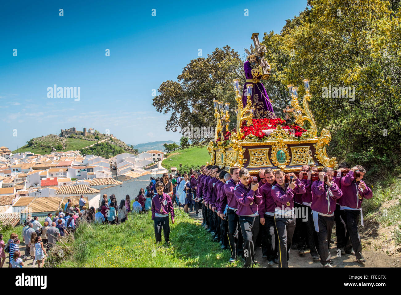 Semana Santa (Easter/Holy Week)procession. Village men carrying Jesus ...