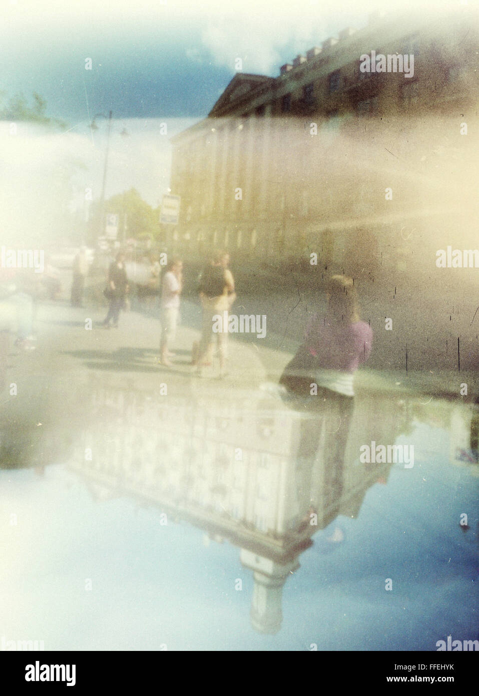 Abstract multiple exposure dreamy urban background. Used film textures ...