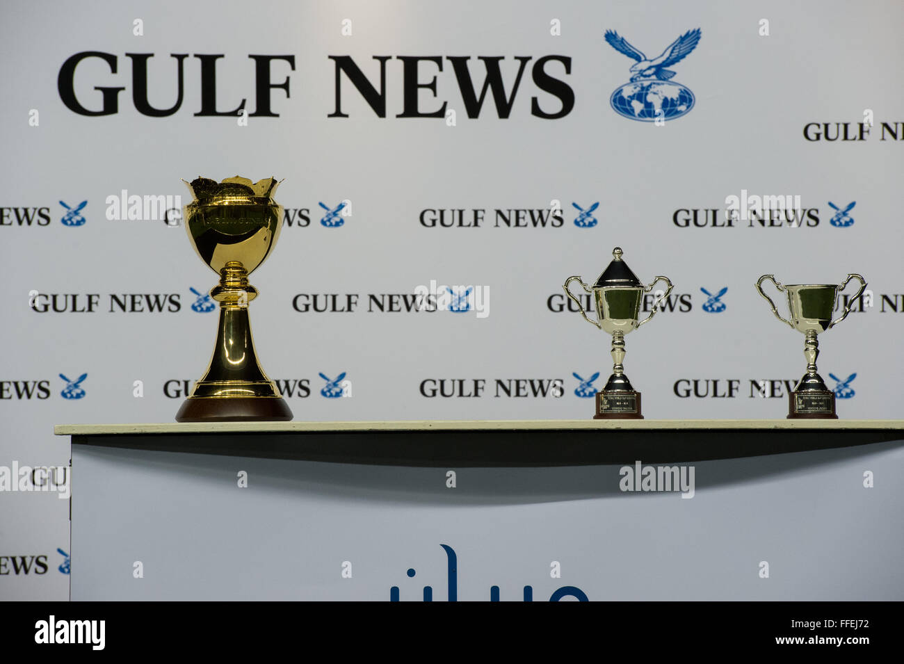 Meydan, Dubai, UAE. 11th February, 2016. The UAE 2000 Guineas trophy ...