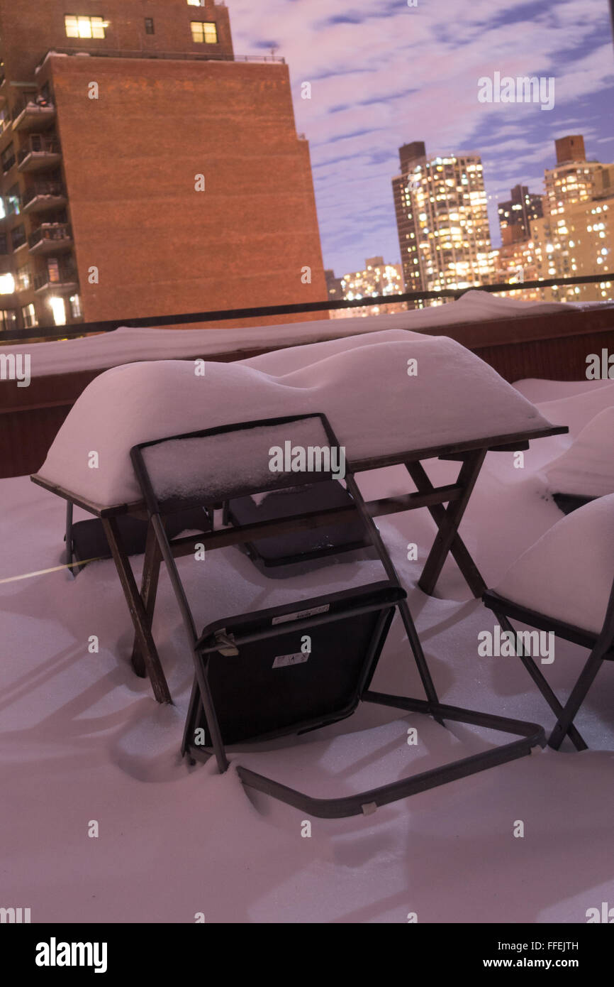 Snow covered terrace in the Upper East Side of NYC after the winter ...