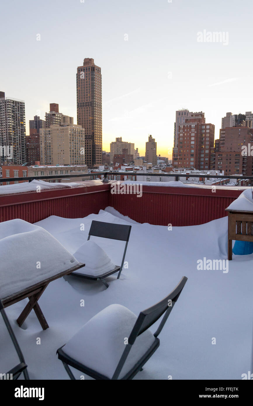 Snow covered terrace in the Upper East Side of NYC after the winter ...