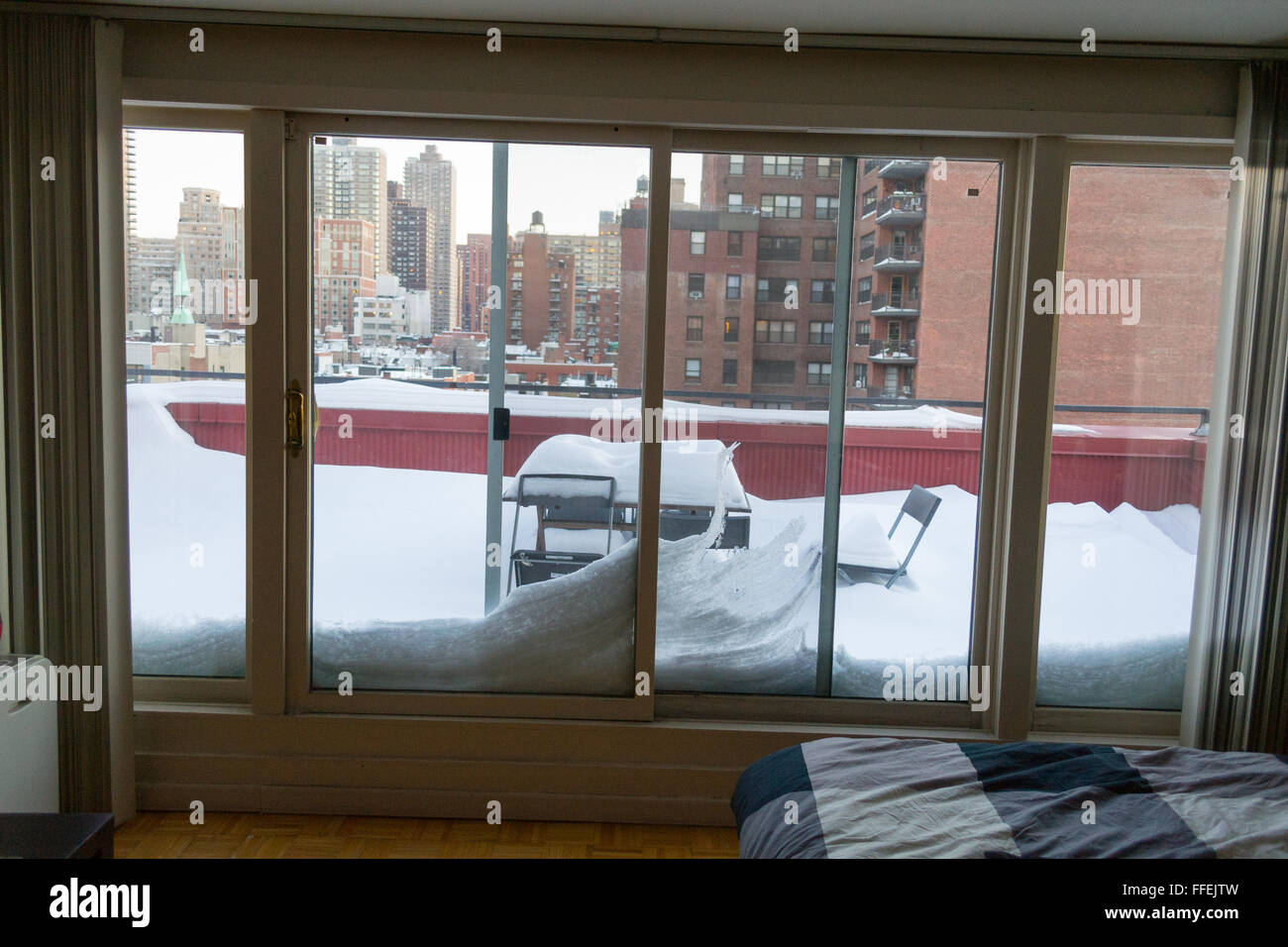 Snow covered terrace in the Upper East Side of NYC after the winter ...