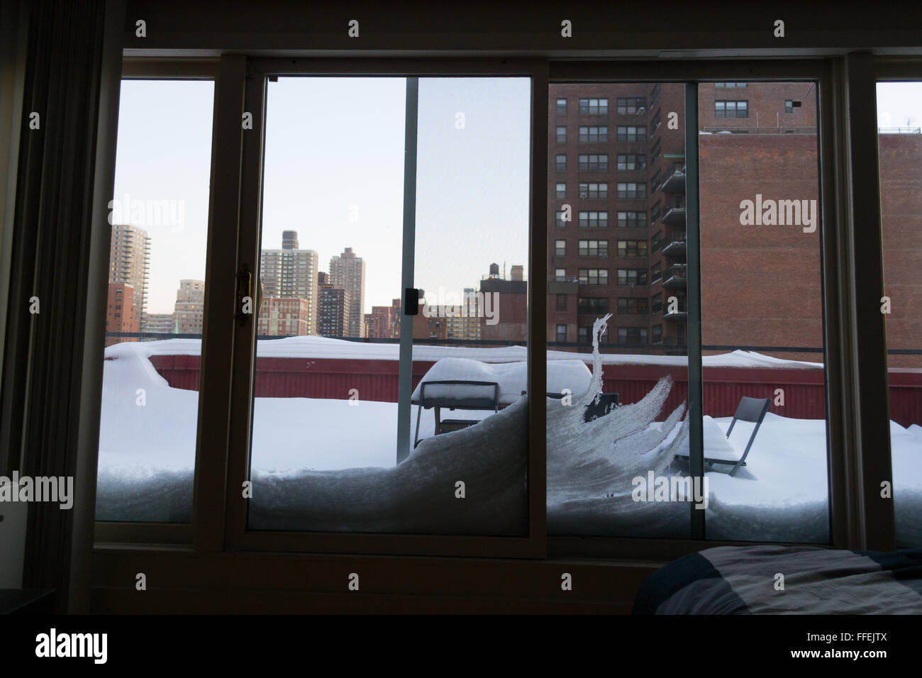 Snow covered terrace in the Upper East Side of NYC after the winter ...