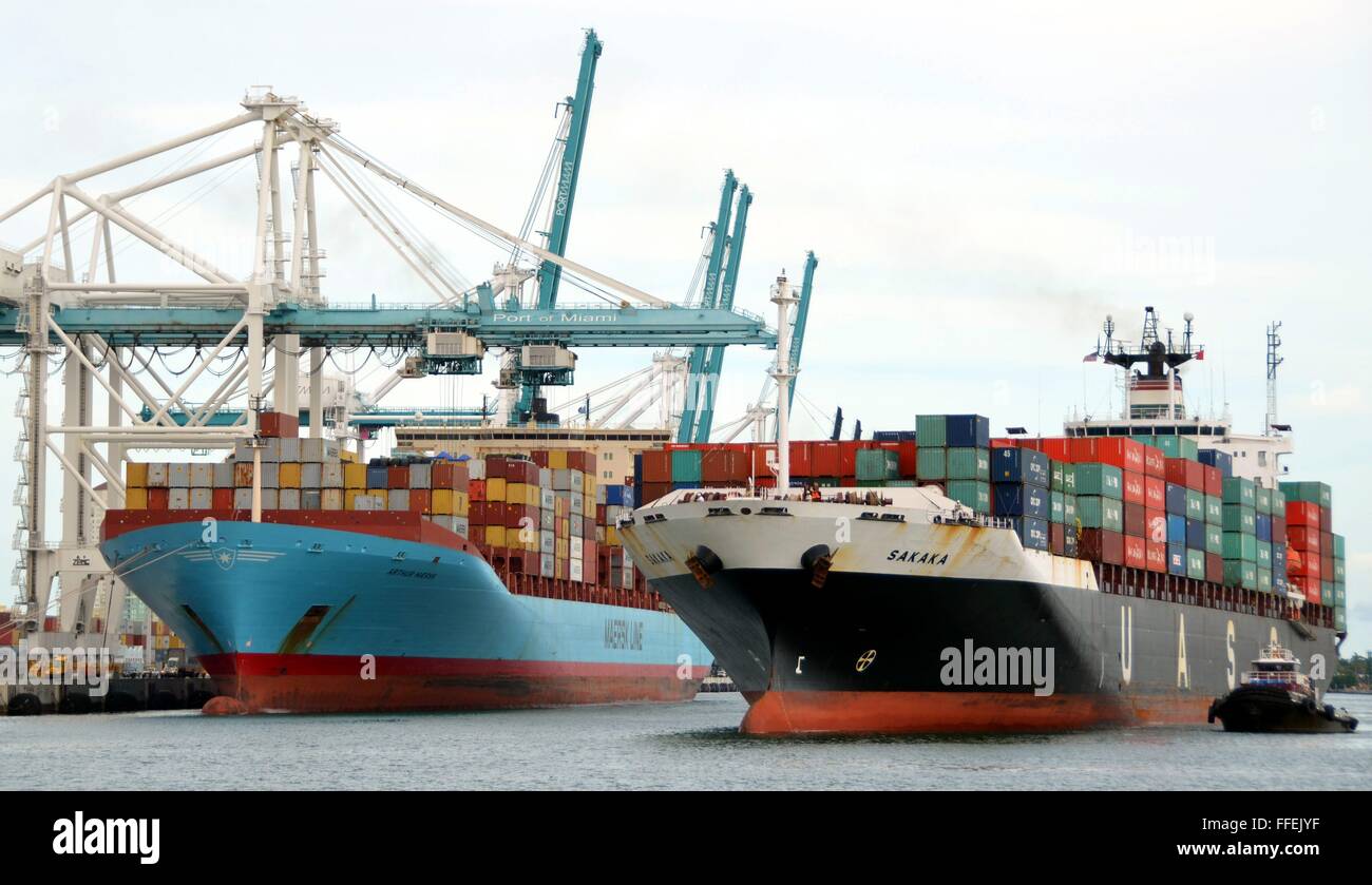Two loaded container ships in the harbour of Miami, Florida Stock Photo ...