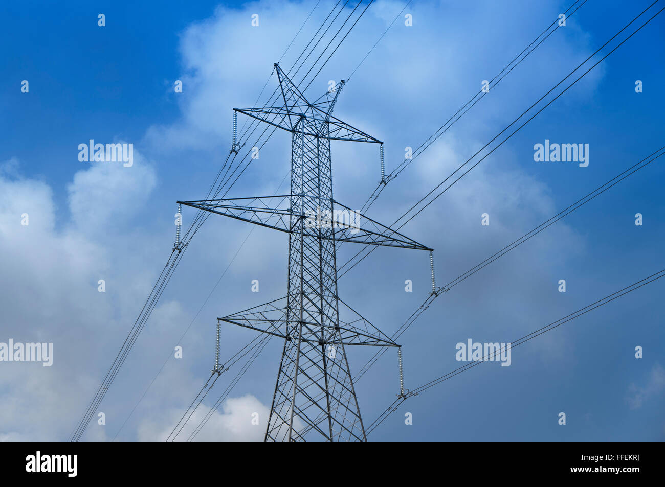 Electricity Pylon with blue sky in Alexadroupolis, Greece Stock Photo ...