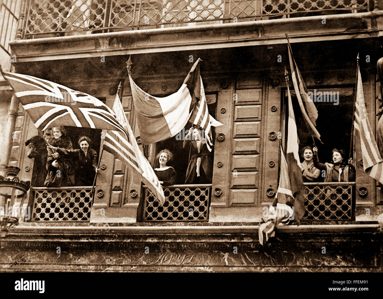Luxemborg girls greeting American Army of Occupation. Circa 1918 Stock ...